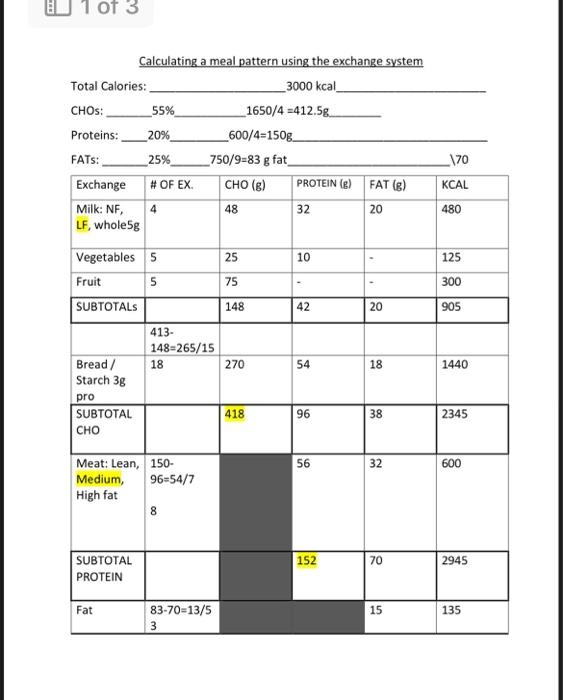 Solved Determining exchanges throughout the meals | Chegg.com