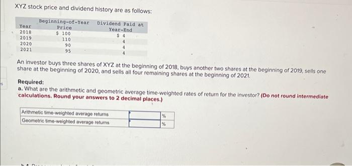 Solved XYZ stock price and dividend history are as follows: | Chegg.com
