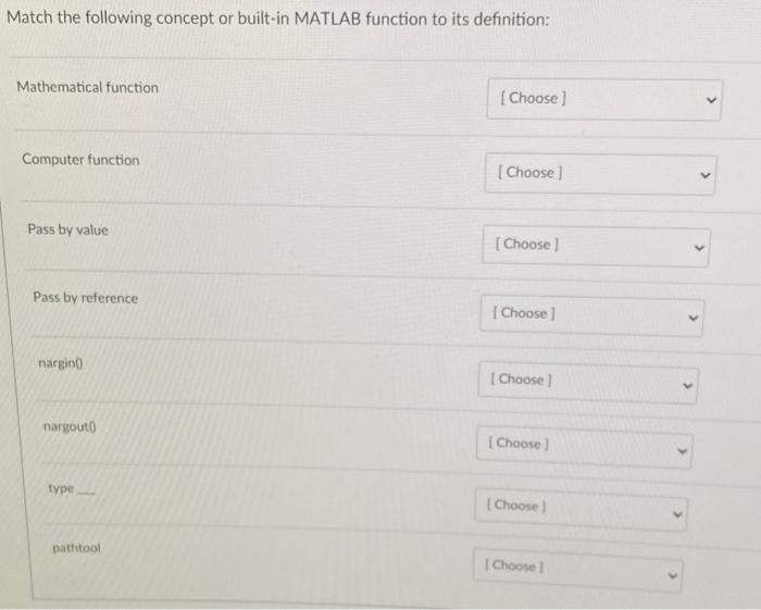 Solved Match the following concept or built-in MATLAB | Chegg.com