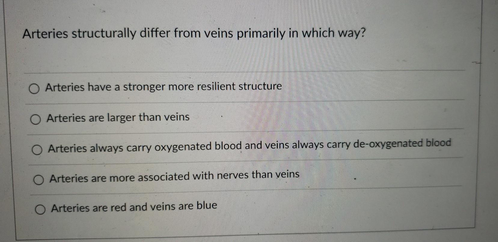 Solved Arteries structurally differ from veins primarily in | Chegg.com