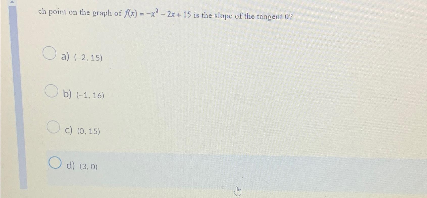 Solved ch point on the graph of f(x)=-x2-2x+15 ﻿is the slope | Chegg.com