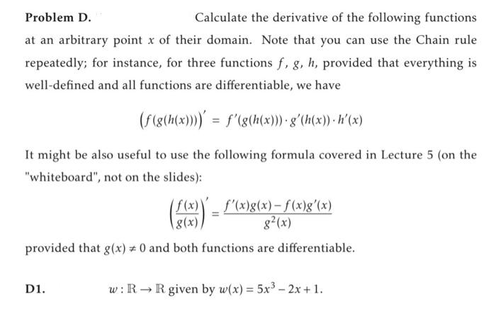 Solved Problem D. Calculate the derivative of the following | Chegg.com