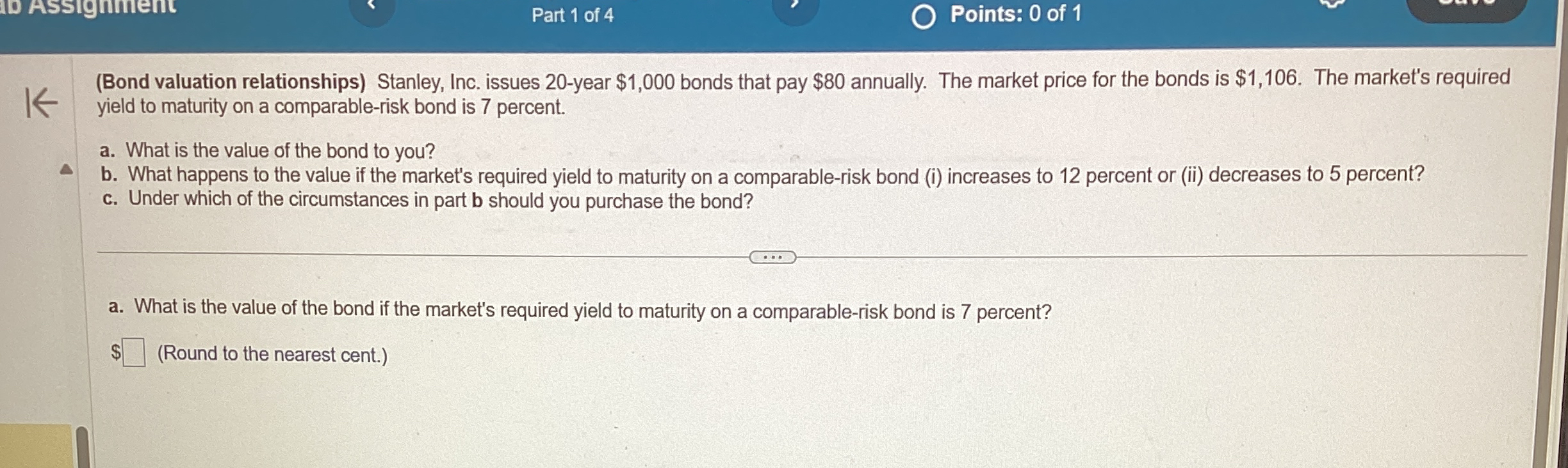 Solved Part 1 ﻿of 4Points: 0 ﻿of 1(Bond valuation | Chegg.com
