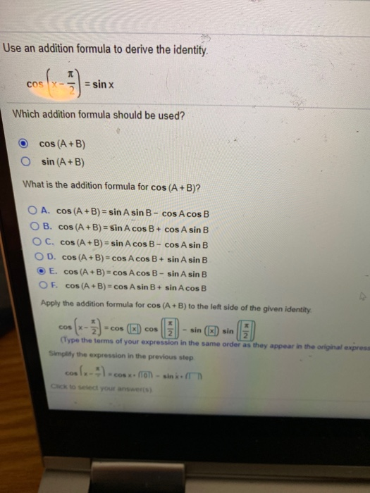 Solved Use an addition formula to derive the identity. COS V | Chegg.com