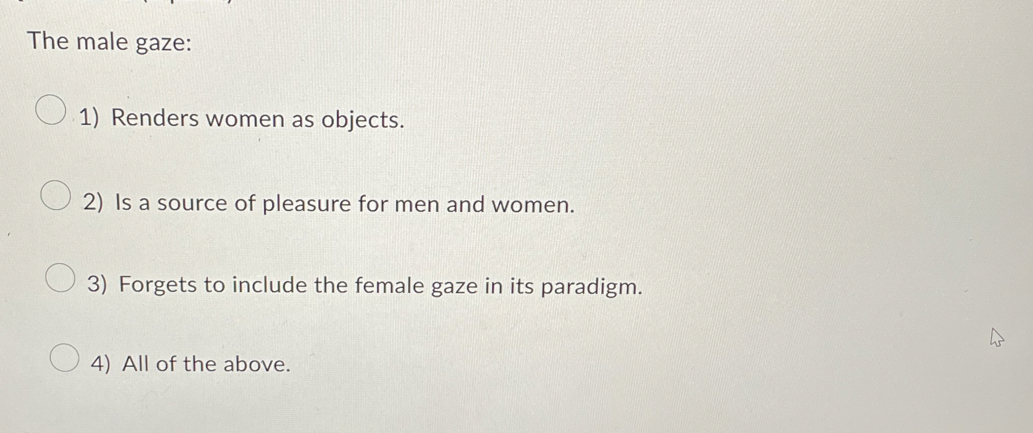 Solved The male gaze:Renders women as objects.Is a source of | Chegg.com