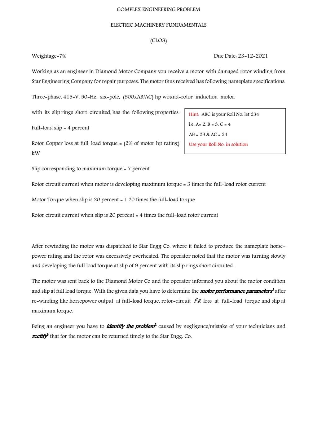 Solved COMPLEX ENGINEERING PROBLEM ELECTRIC MACHINERY | Chegg.com