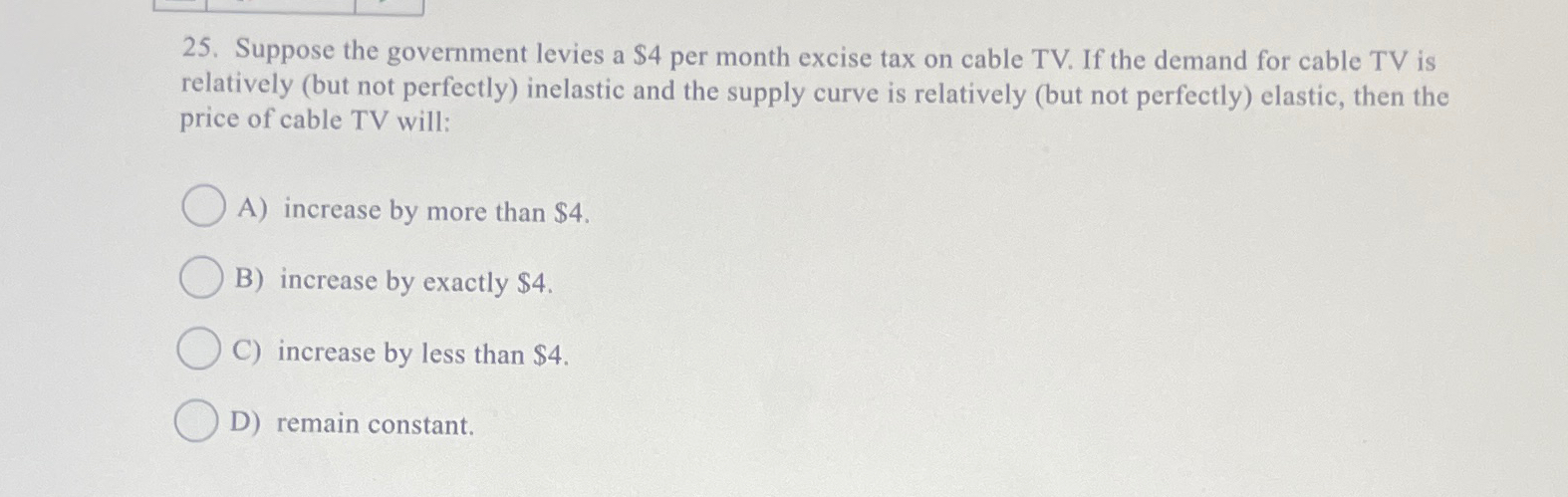 Solved Suppose the government levies a $4 ﻿per month excise | Chegg.com