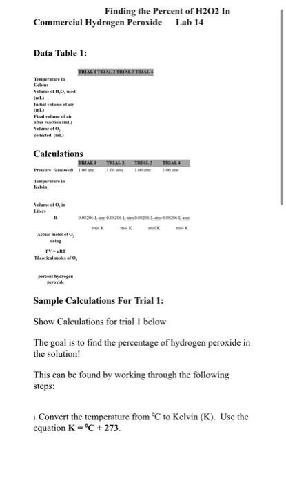 Finding the Percent of H202 In Commercial Hydrogen | Chegg.com