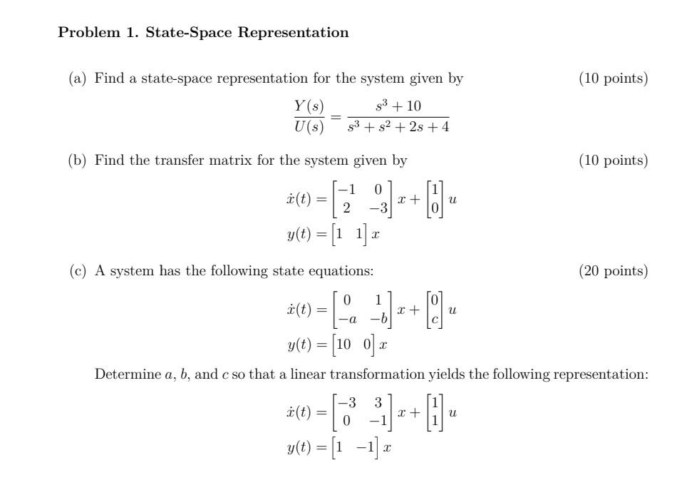 Solved Problem 1 State Space Representation A Find A