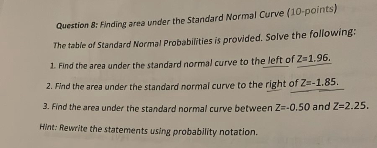 Solved Question 8: Finding area under the Standard Normal | Chegg.com