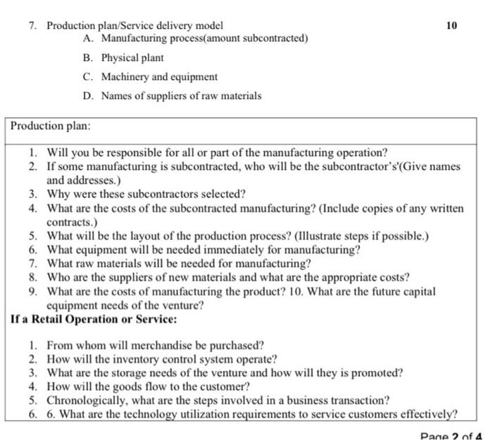 Solved 10 7. Production plan/Service delivery model A. | Chegg.com