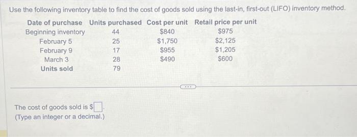 Solved Use the following inventory table to find the cost of | Chegg.com