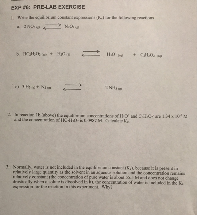 Solved Exp 6 Pre Lab Exercise 1 Write The Equilibrium
