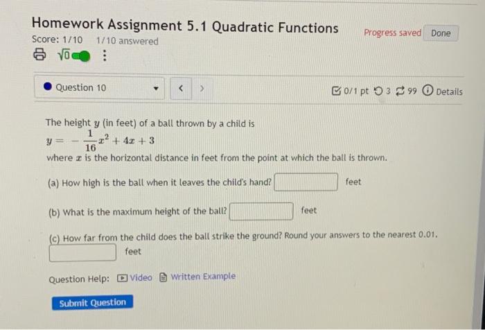 Solved Homework Assignment 5.1 Quadratic Functions Score: | Chegg.com