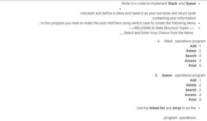 Solved Write C Code To Implement Stack And Queue Concepts