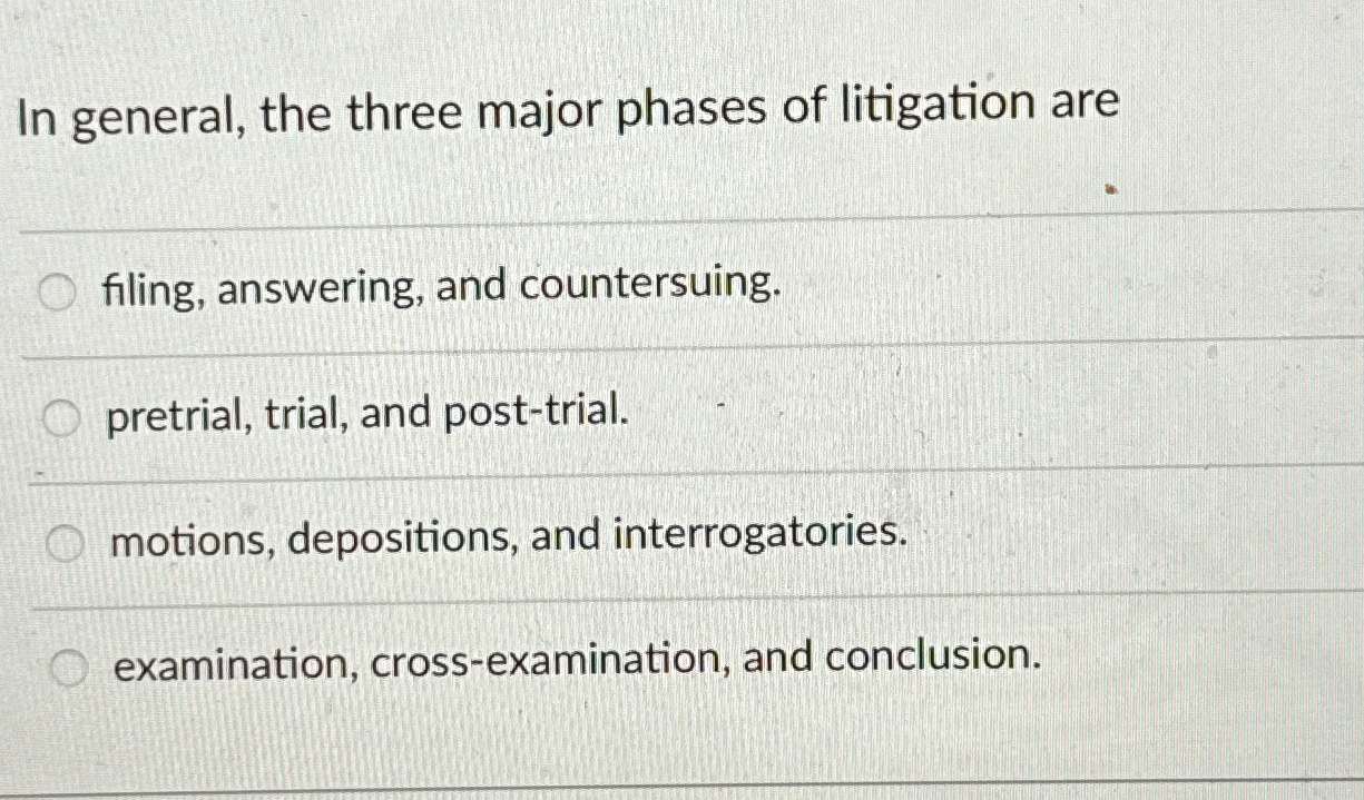 Solved In general, the three major phases of litigation | Chegg.com