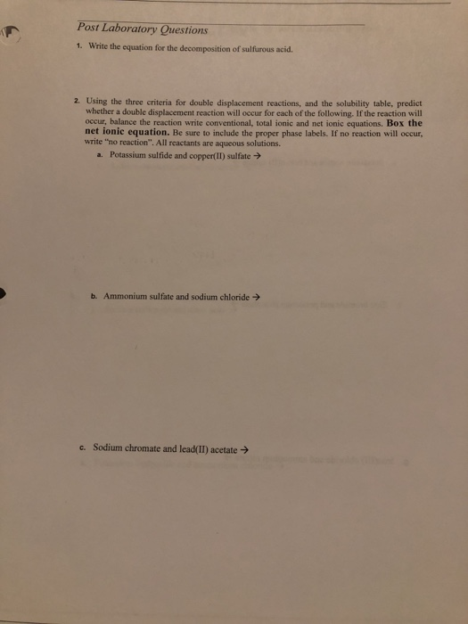 Solved Post Laboratory Questions 1. Write the equation for | Chegg.com
