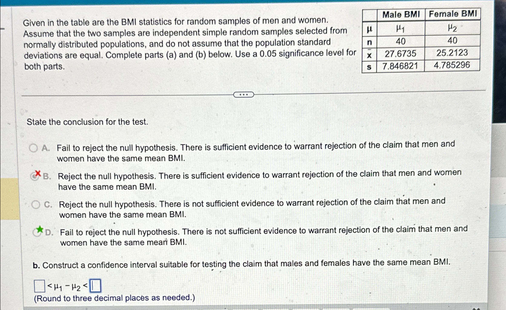 Solved Given in the table are the BMI statistics for random | Chegg.com