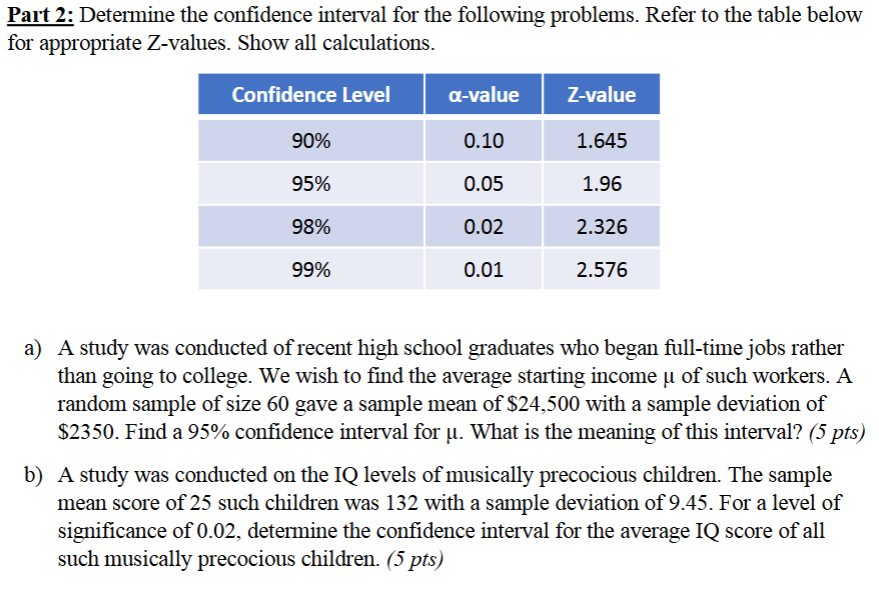 Solved Part 2: Determine the confidence interval for the | Chegg.com