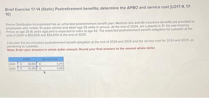 Solved Brief Exercise 17-14 (Static) Postretirement | Chegg.com