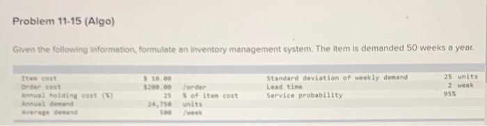 Solved Problem 11-15 (Algo) Given the following information, | Chegg.com