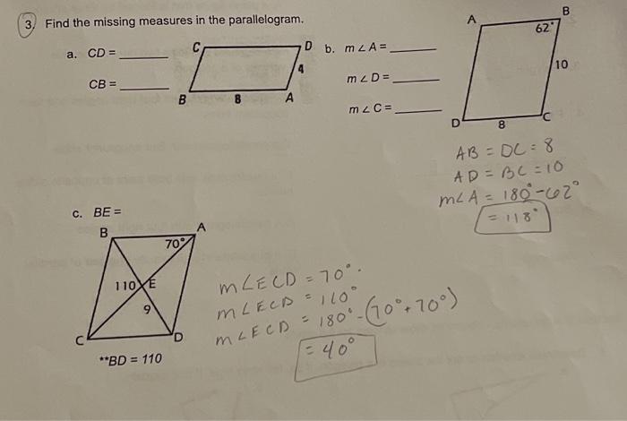 Solved 3. Find the missing measures in the parallelogram. a. | Chegg.com