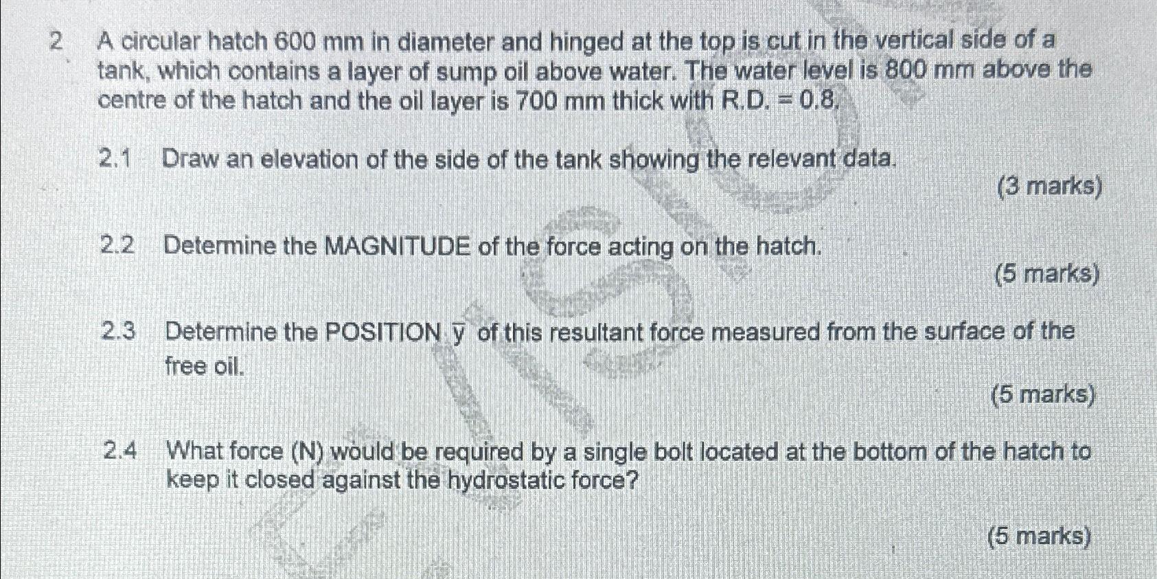 2 ﻿A circular hatch 600mm ﻿in diameter and hinged at | Chegg.com