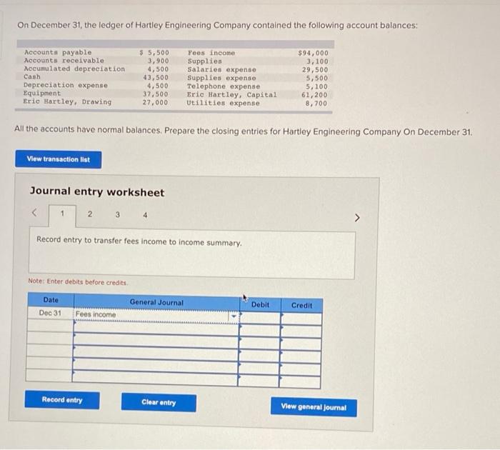 Solved On December 31, the ledger of Hartley Engineering | Chegg.com