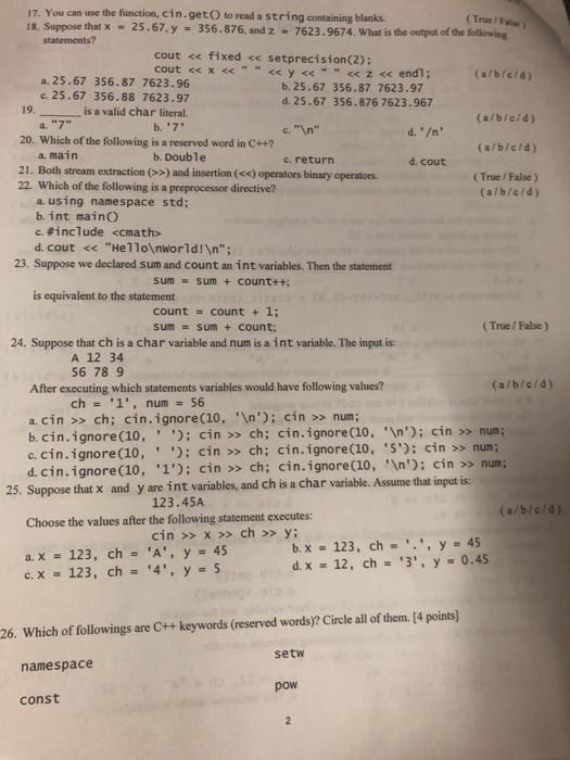 Solved Choice (2 points each) A variable of the char data | Chegg.com