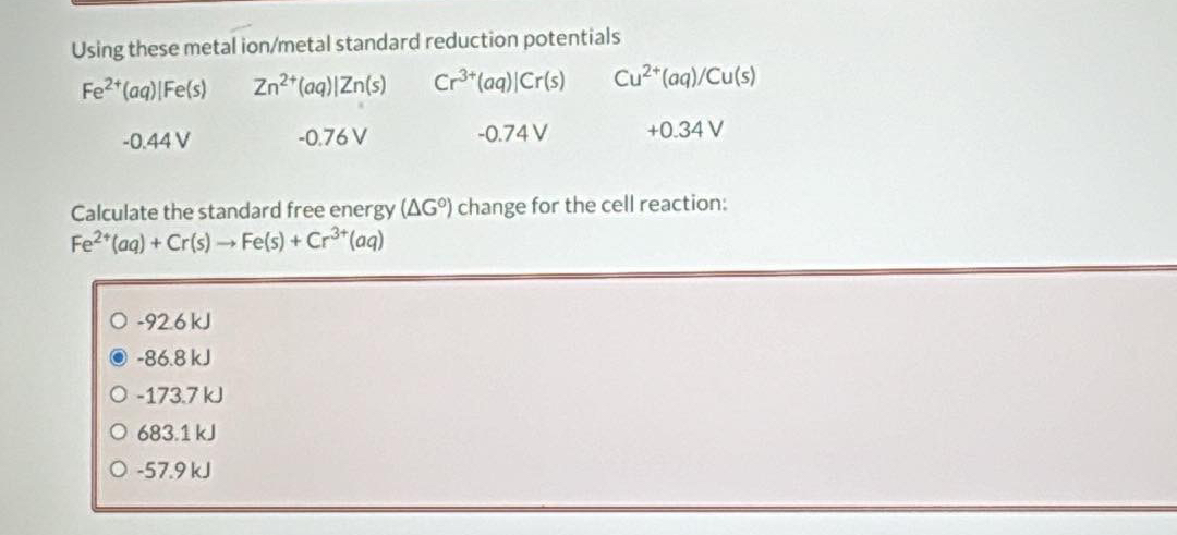 Solved Using these metal ion/metal standard reduction | Chegg.com