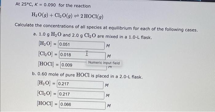 Solved At 25°C, K = 0.090 for the reaction H2O(g) + Cl2O(g) | Chegg.com