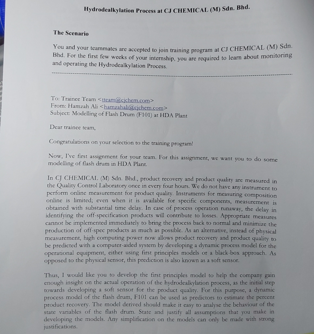 Solved •Hydrodealkylation Process at CJ CHEMICAL (M) ﻿Sdn. | Chegg.com
