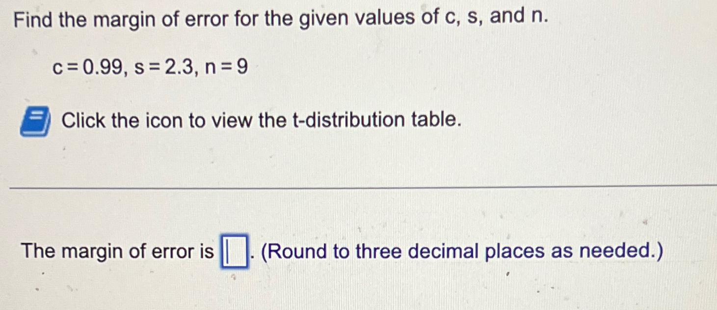 Solved Find the margin of error for the given values of c,s, | Chegg.com