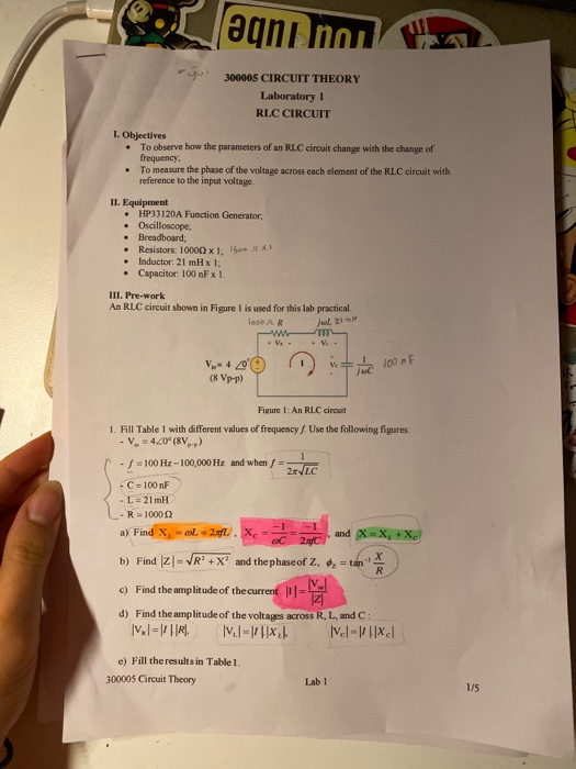 Solved agni non un yo 300005 CIRCUIT THEORY Laboratory 1 RLC | Chegg.com