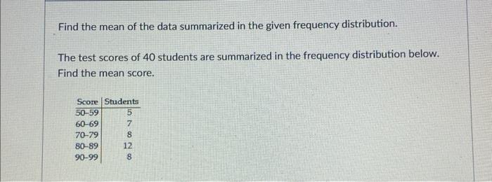 Solved Find the mean of the data summarized in the given | Chegg.com