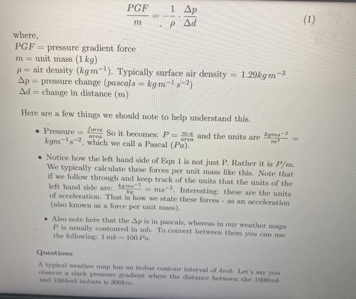 Solved PGF 1 Ap m P Ad (1) where, PGF pressure gradient | Chegg.com