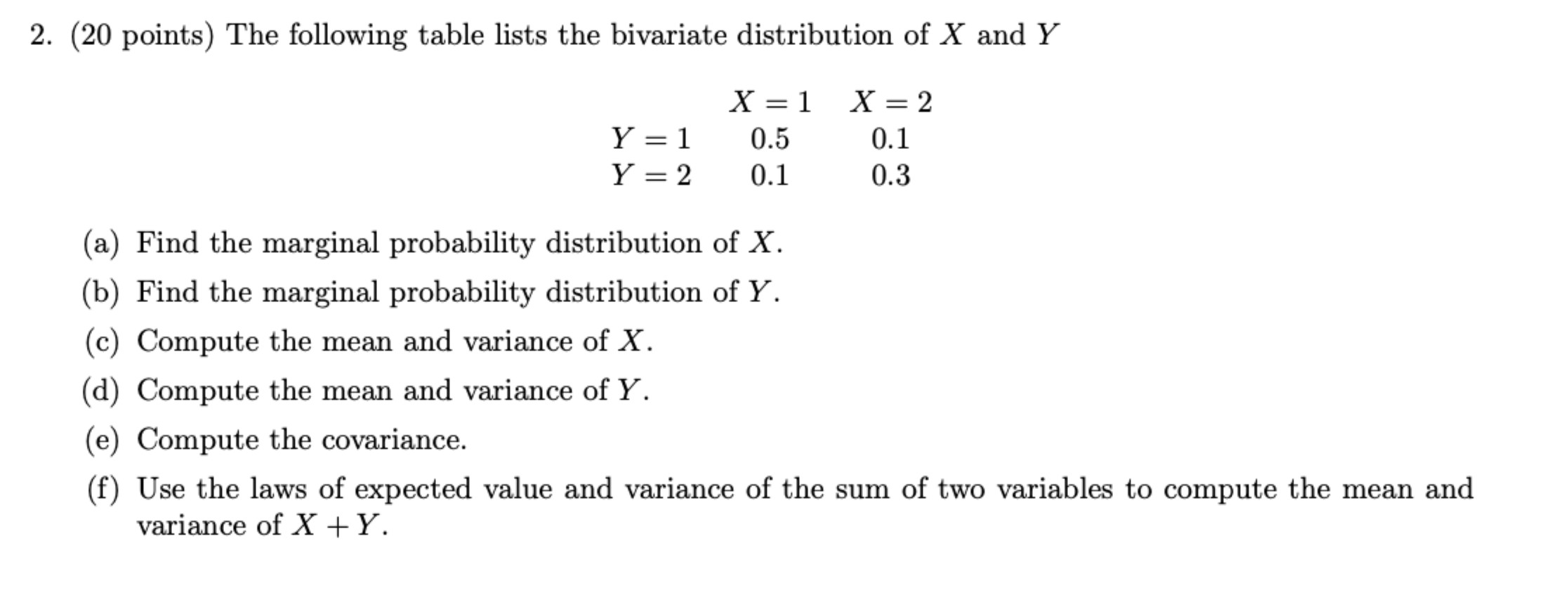 Solved (20 ﻿points) ﻿The following table lists the bivariate | Chegg.com