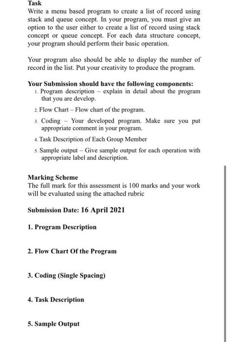 Solved Task Write a menu based program to create a list of | Chegg.com