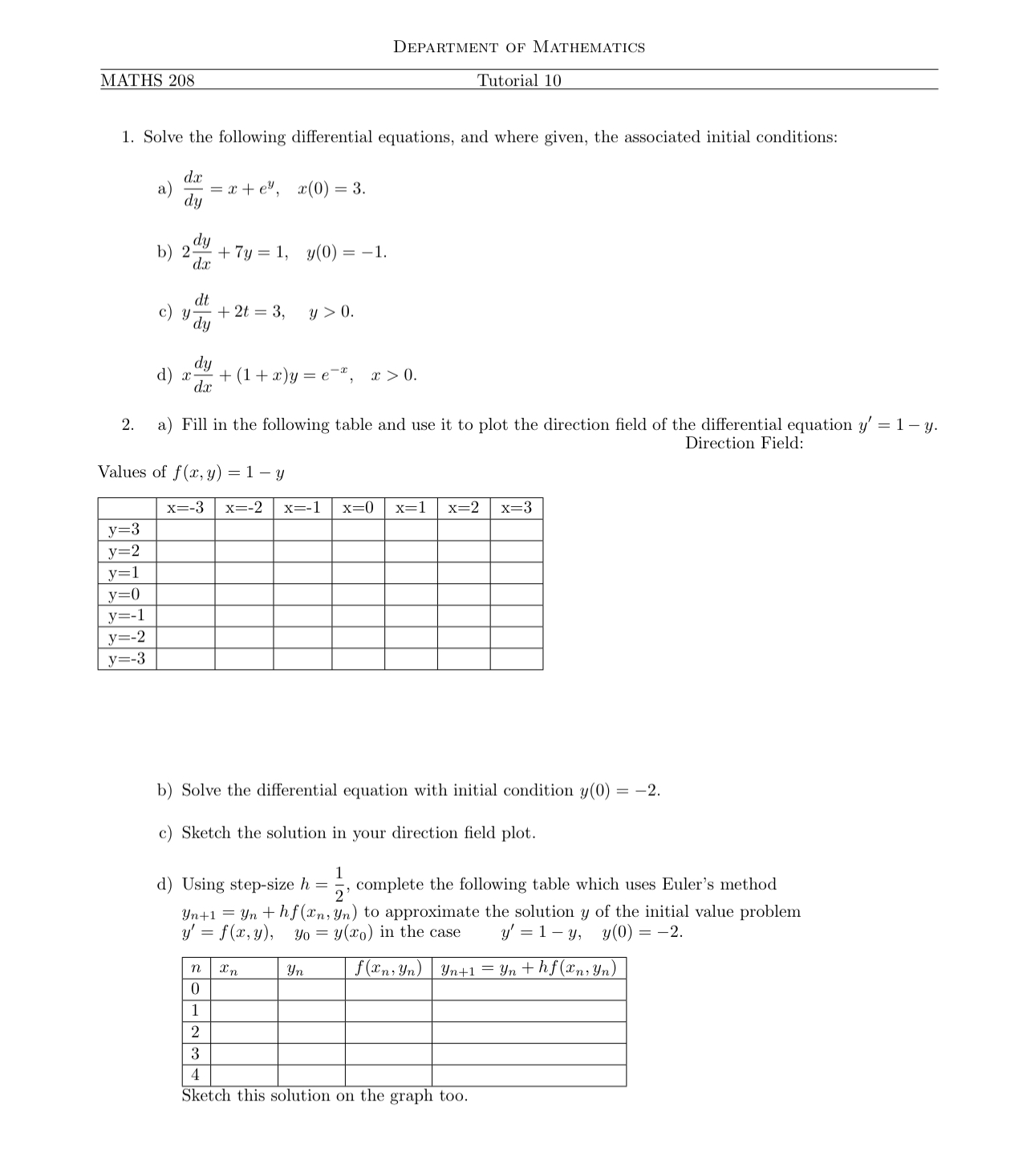 Solved Department of Mathematics\\nMATHS 208\\nTutorial | Chegg.com