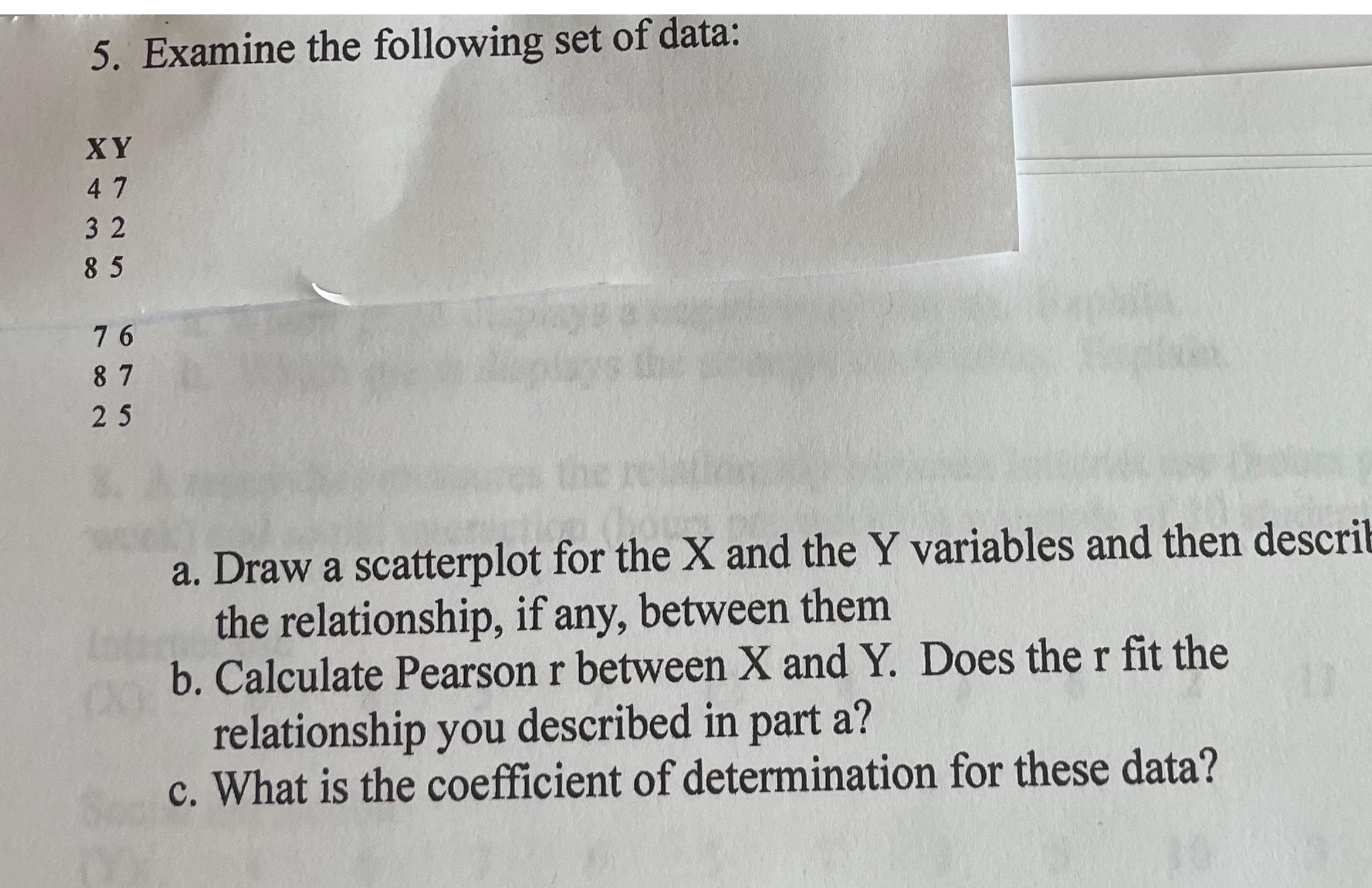 Solved Examine the following set of data:xY473285768725a. | Chegg.com