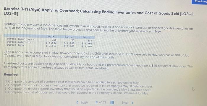 Solved Exercise 3-11 (Algo) Applying Overhead; Calculating | Chegg.com