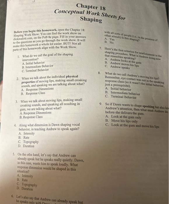 Solved Chapter 18 Conceptual Work Sheets for Shaping Before | Chegg.com