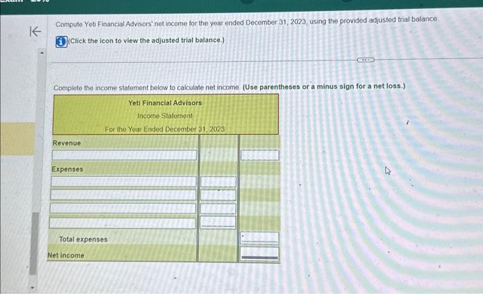 Solved Compute Yoti Financial Advisors' net income for the | Chegg.com
