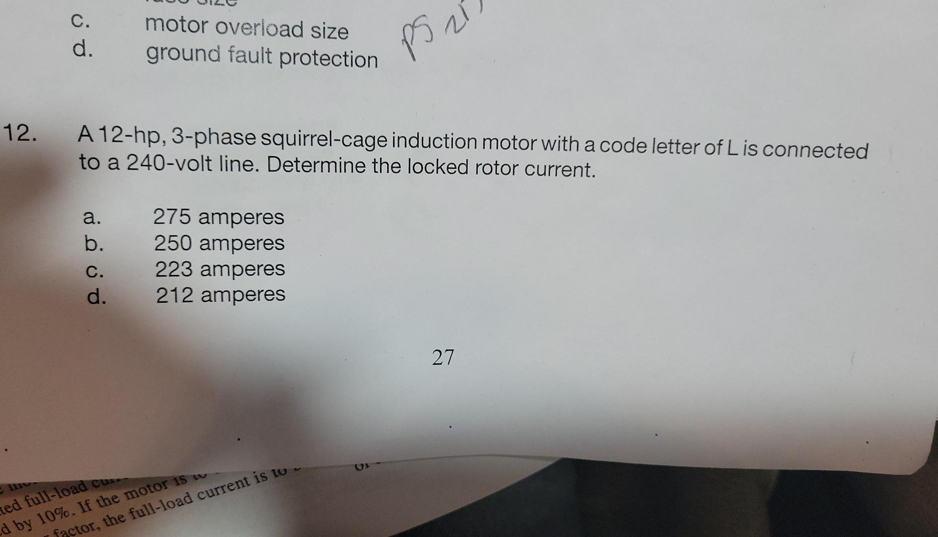 Solved C. d. motor overload size ground fault protection ps | Chegg.com
