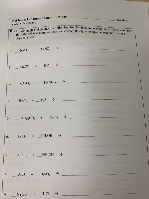 Solved Name lab day Net Ionics Lab Report Pages (submit | Chegg.com
