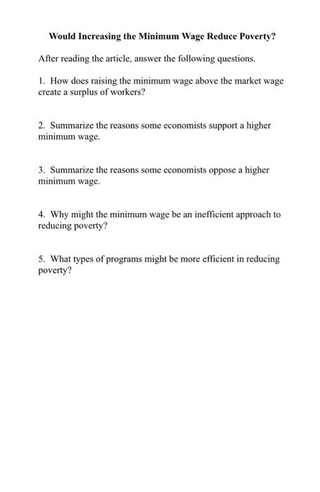 Solved Would Increasing the Minimum Wage Reduce Poverty? | Chegg.com