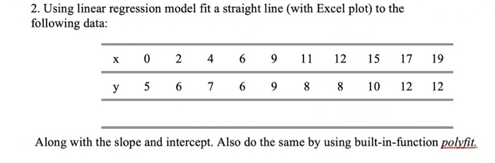 Solved 2. Using linear regression model fit a straight line | Chegg.com