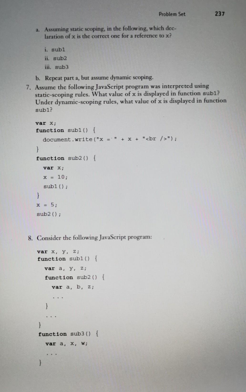 Solved Problem Set 237 A Assuming Static Scoping In The 