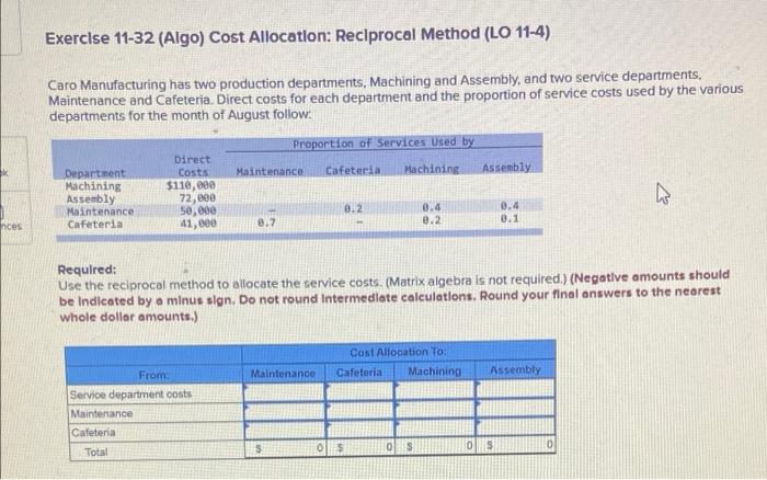 Solved Exercise 11-32 (Algo) Cost Allocation: Reciprocal | Chegg.com