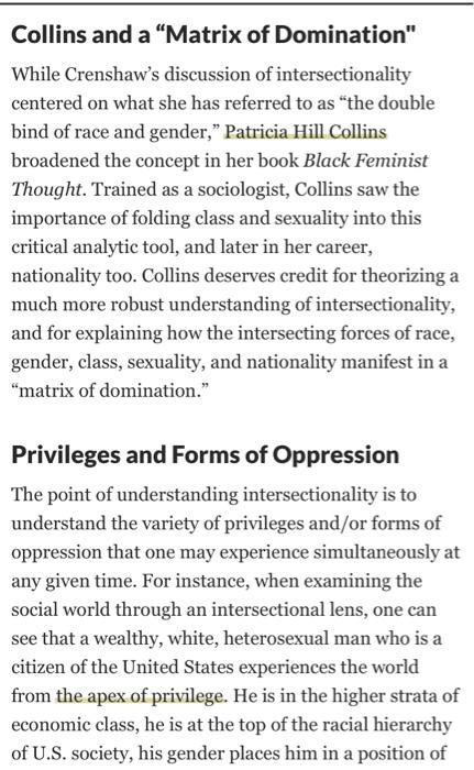 Solved What does Patricia Hill Collins mean by | Chegg.com
